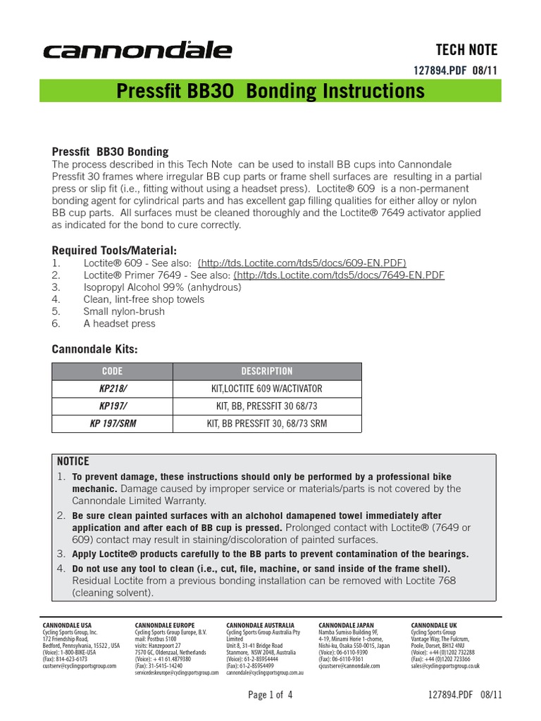 Pressfit BB30 Bonding Instructions: Tech Note | PDF | Industrial ...