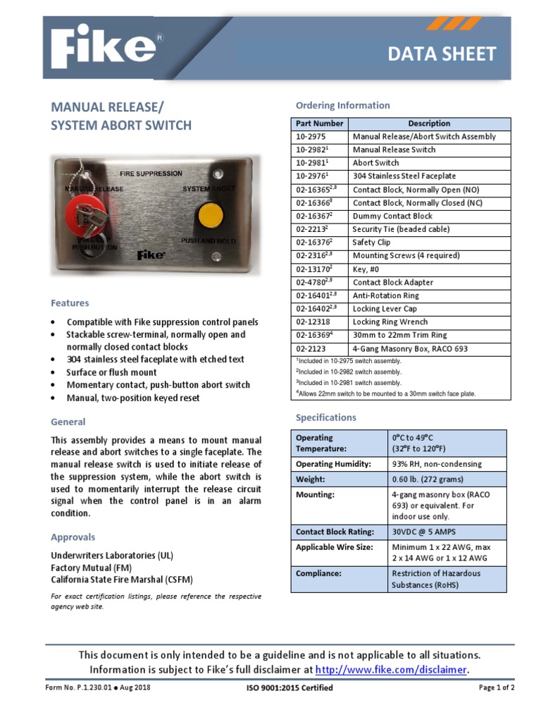 P.1.230.01 10-2975 Manual Release Abort Switch | PDF | Switch | Equipment