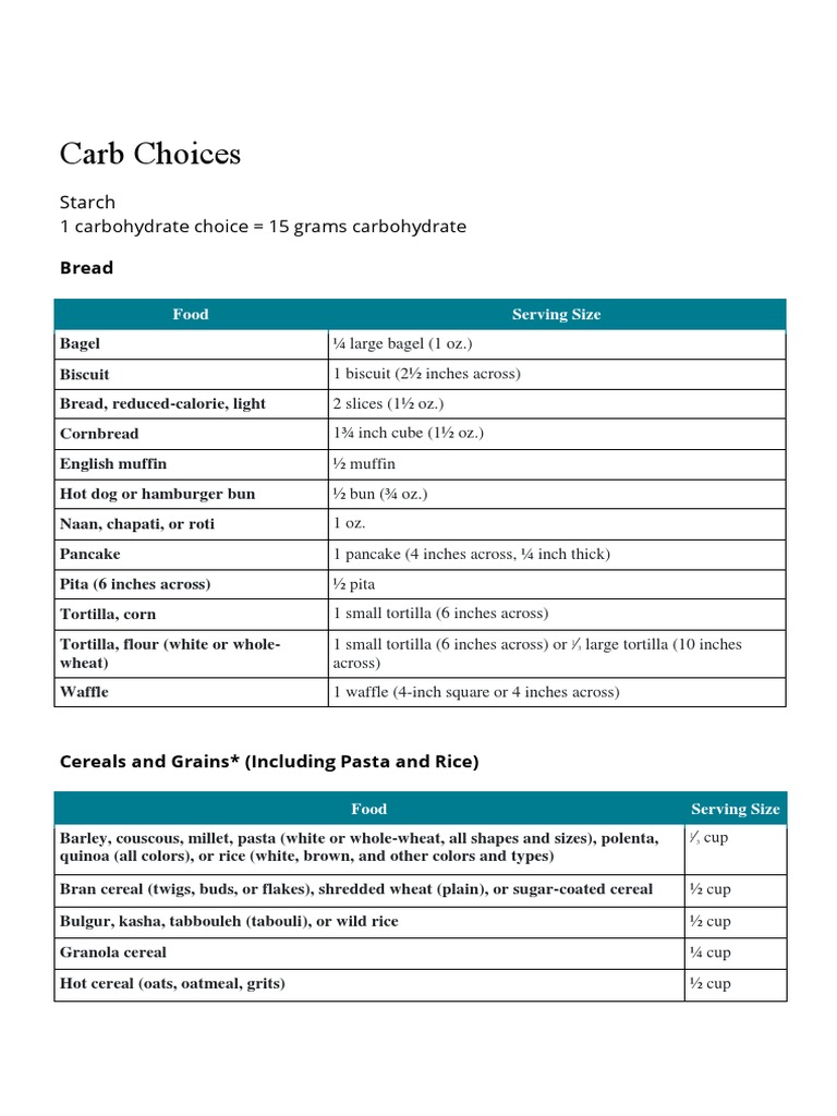 Carb Choices and Serving Sizes Guide | PDF | Cereals | Vegetables