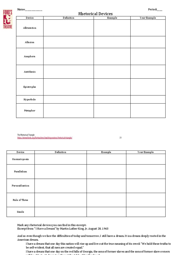 Rhetorical Devices Worksheet: I Have a Dream | PDF | Philosophy | Young ...