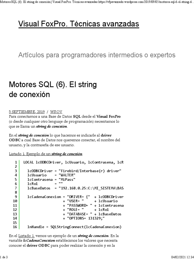 Motores SQL (6) - El String de Conexión Visual FoxPro. Técnicas ...