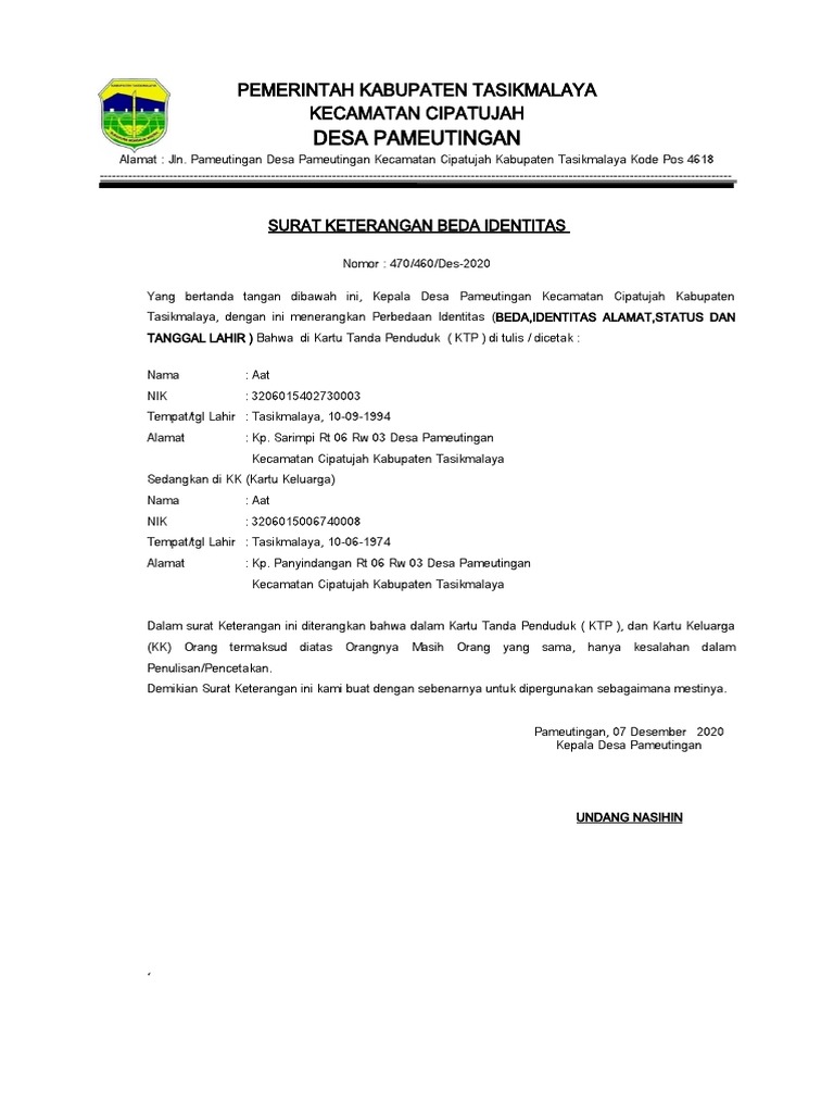 Surat Keterangan Beda Identitas Tasikmalaya | PDF