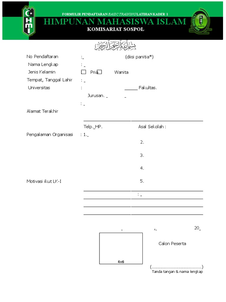 PDF Formulir Pendaftaran Basic Training Latihan Kader 1 | PDF