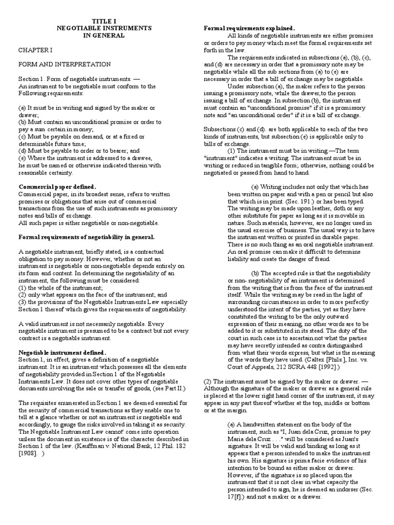 Nego Law Notes | PDF | Negotiable Instrument | Promissory Note