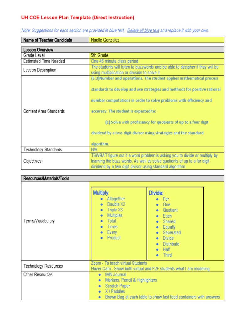 UH COE Lesson Plan Template (Direct Instruction) : Multiply | PDF ...