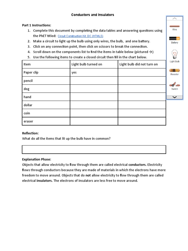 Conductors and Insulators Activity Guide | PDF