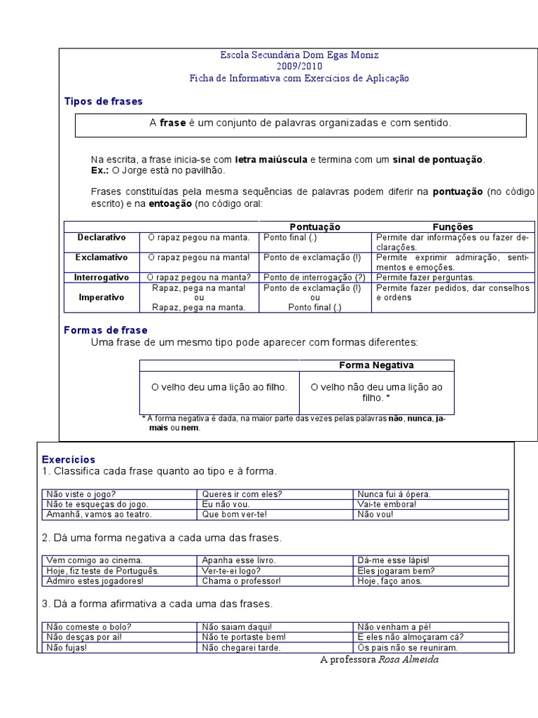 Guia de Tipos de Frases e Exercícios | PDF