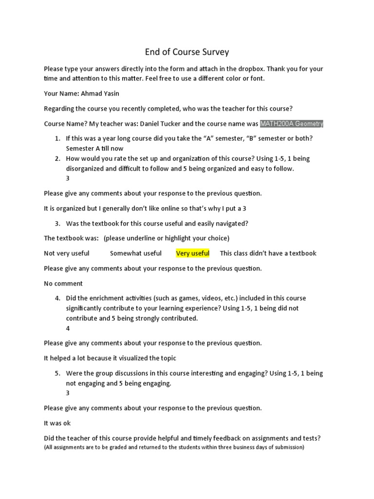 End of Course Survey: MATH200A Geometry | PDF | Textbook | Question