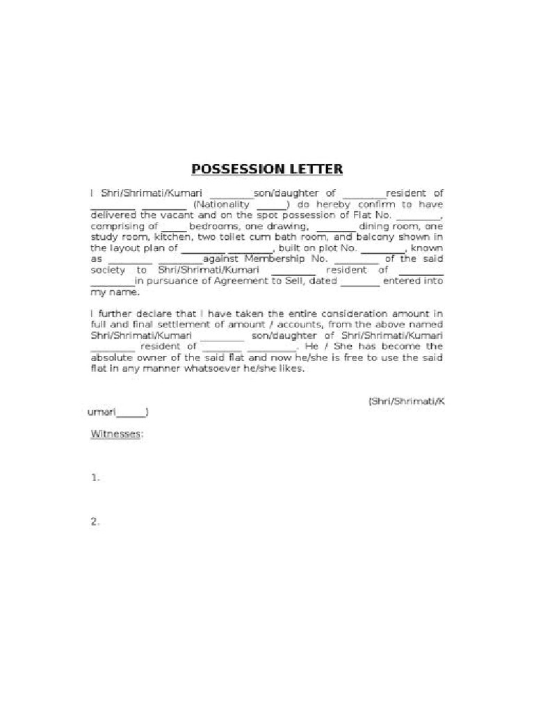 Possession Letter Template | PDF