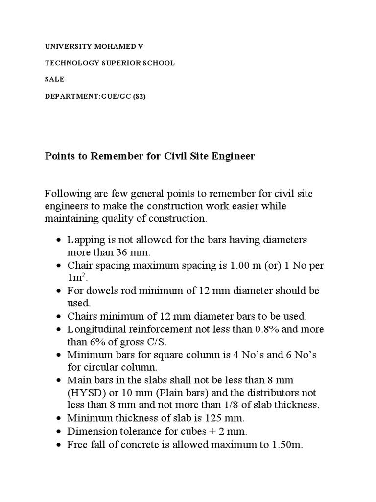 Points To Remember For Civil Site Engineer | PDF