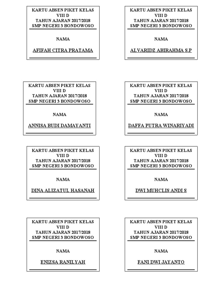 Kartu Absen Piket | PDF