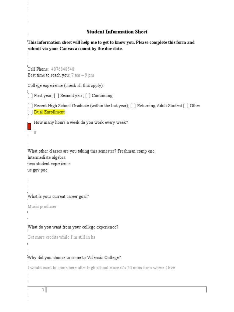 Student Information Sheet SLS | PDF