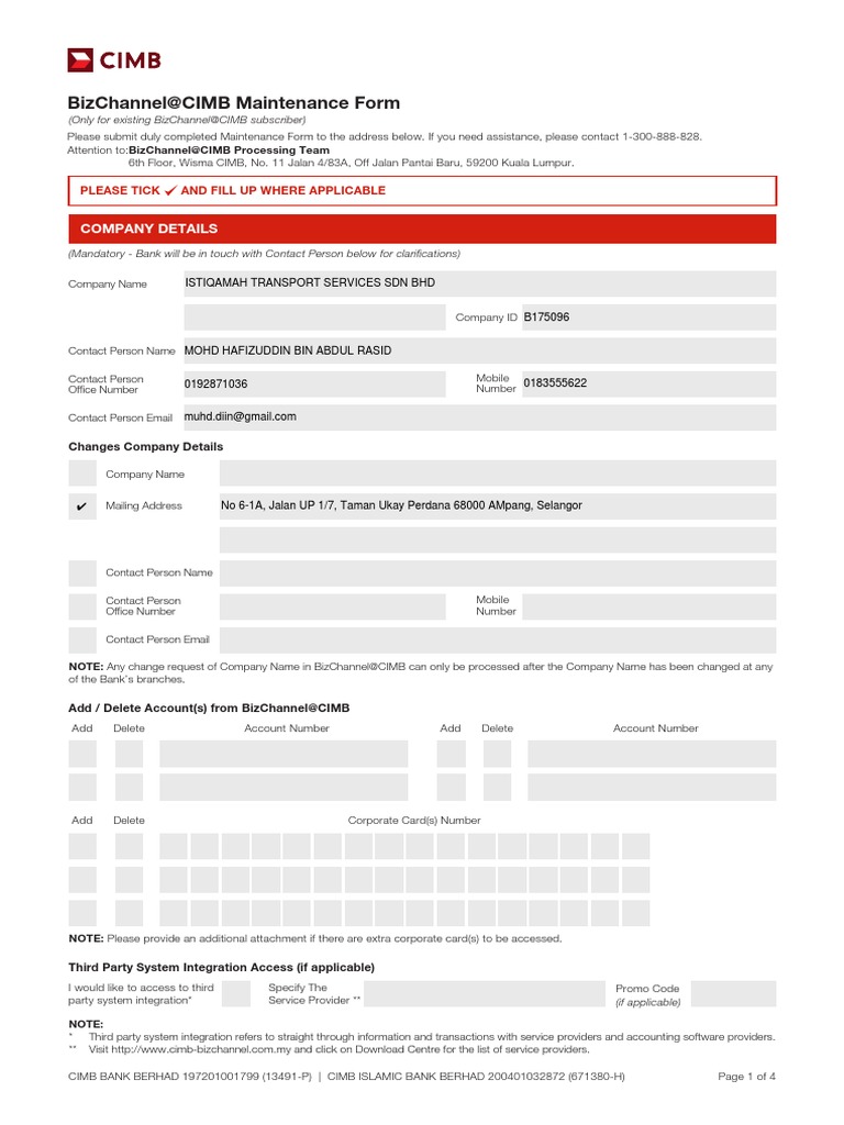 CIMB BizChannel Maintenance Form | PDF | Debit Card | Password