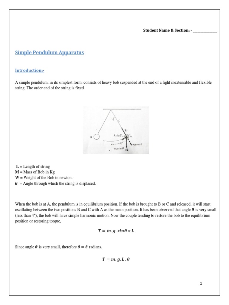 Student Manual of Simple Pendulum Apparatus | PDF | Pendulum | Oscillation