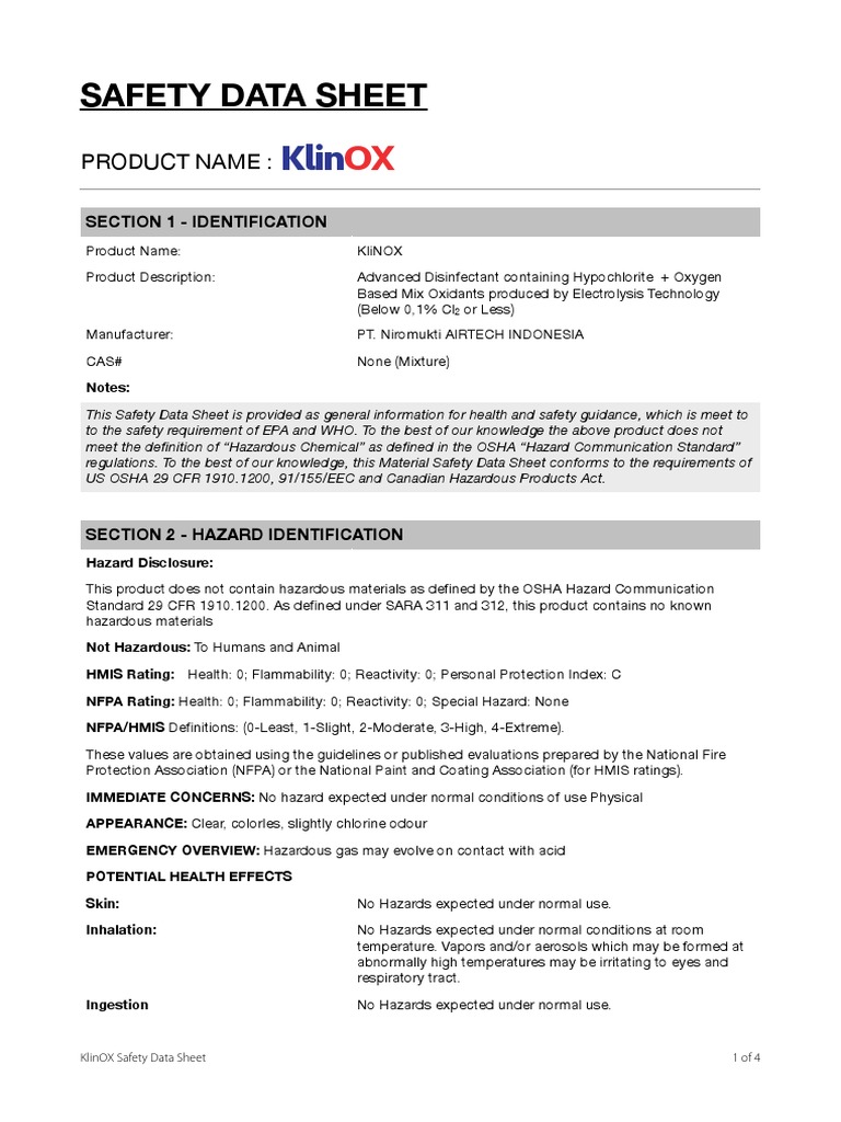 #1KlinOX Safety Data Sheet | PDF | Dangerous Goods | Chlorine