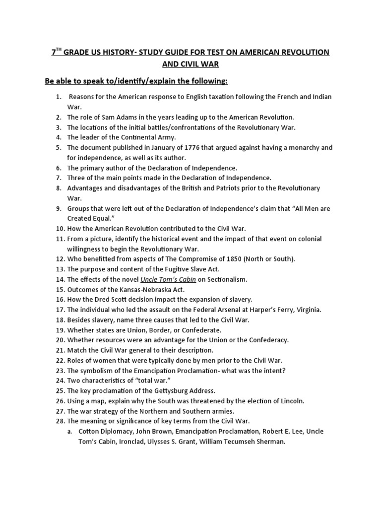 Study Guide 7th Grade Test American Revolution Civil War | PDF