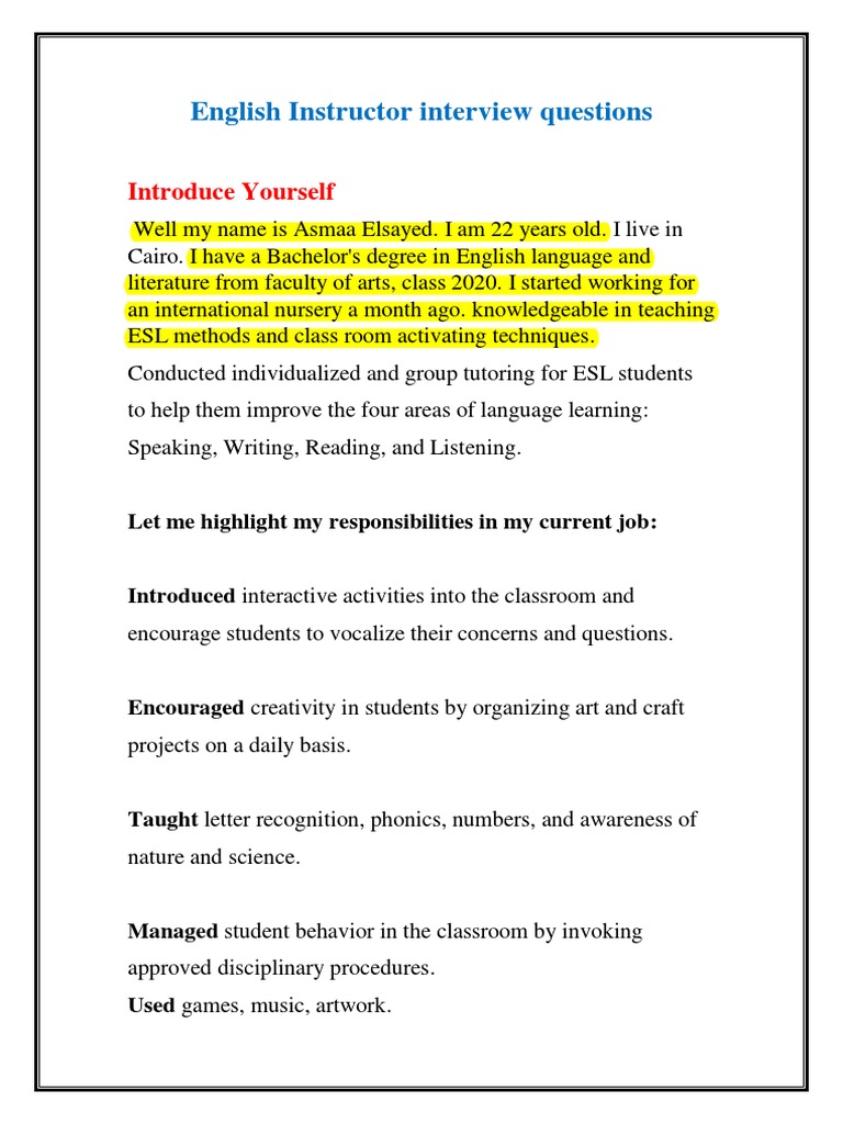 English Instructor Interview Questions | PDF | Teaching Method ...