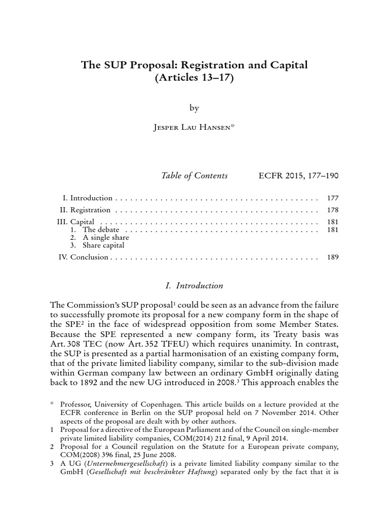 The SUP Proposal - Registration and Capital (Articles 13-17) - Jesper ...