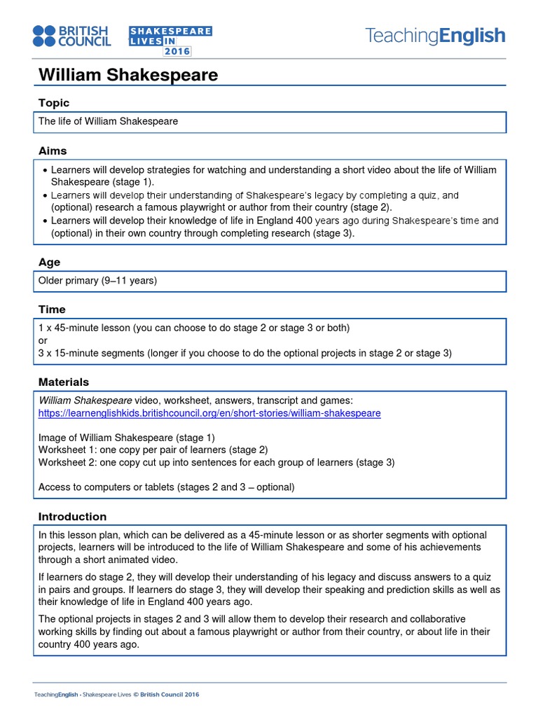 Teaching Kids Shakespeare William Shakespeare Lesson Plan | PDF ...