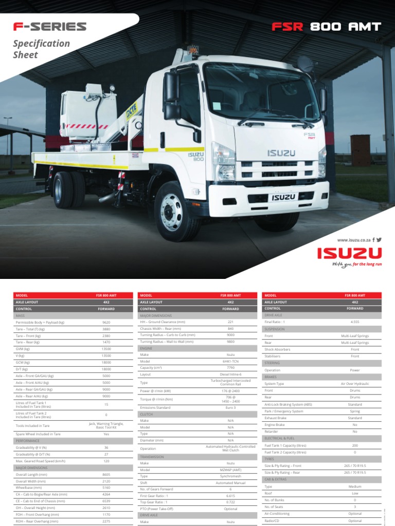 Isuzu FSR 800 AMT Specification Sheet: Technical Specifications and Dimensions for a 4x2 Forward ...