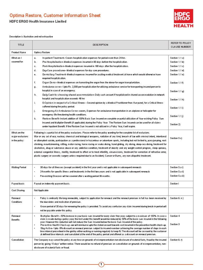 Optima Restore Policy Wordings | PDF | Hospital | Patient