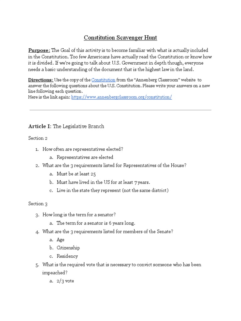 Constitution Scavenger Hunt Worksheet