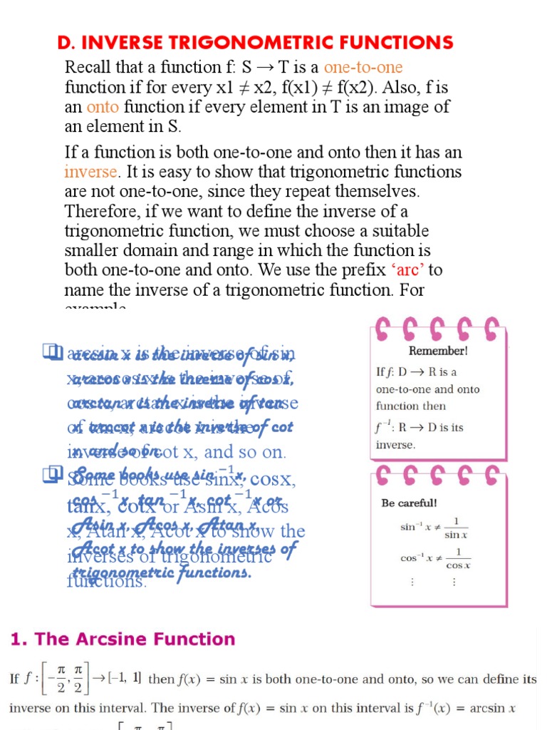 D. Inverse Trigonometric Functions: One-To-One Onto | PDF ...