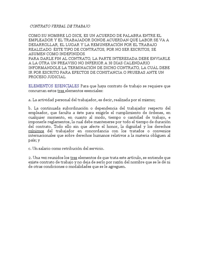 Contrato Verbal de Trabajo en Colombia | PDF | Salario | Información ...