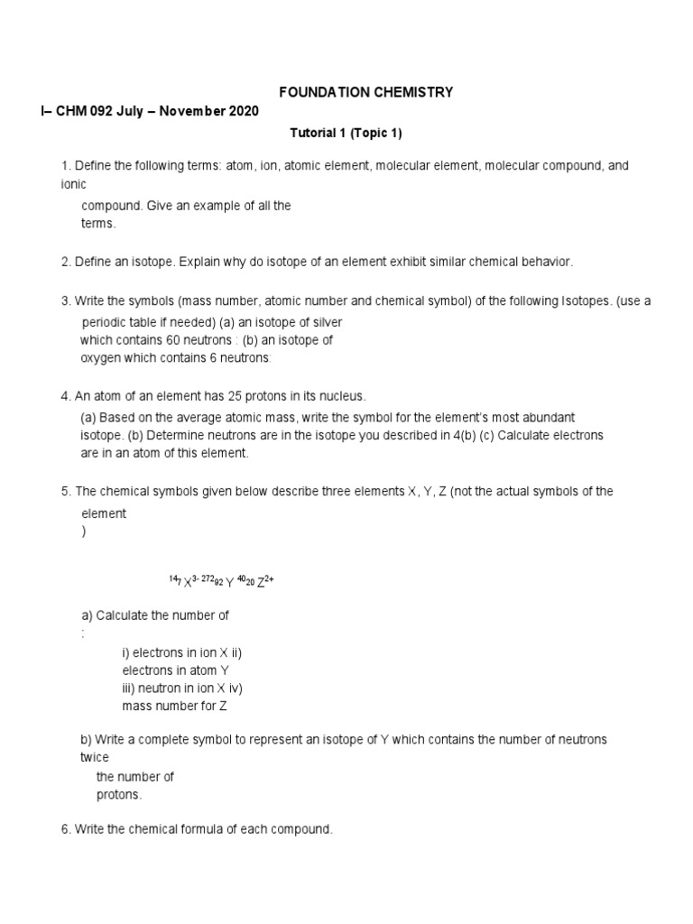 Tutorial 1, 2 & 3 (Topic 1) Student's Version CHM092 JULY 2020 ...