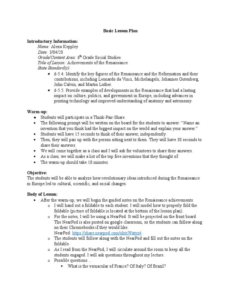 Lesson Plan - Renessiance Achievements | PDF | Renaissance | Lesson Plan
