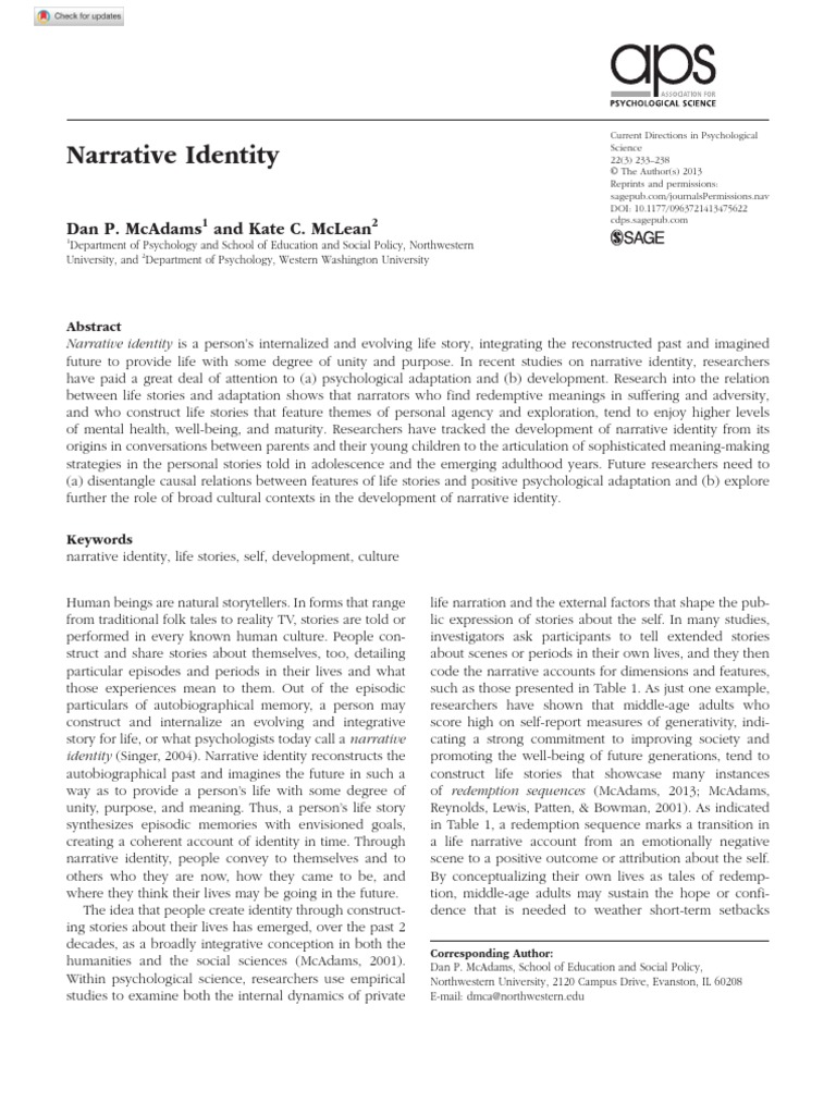 McAdams - Narrative Identity | PDF | Narrative | Identity (Social Science)
