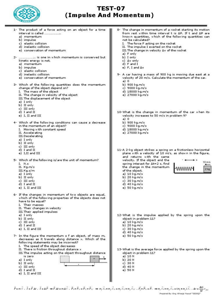Impulse and Momentum Test Questions | PDF | Momentum | Collision