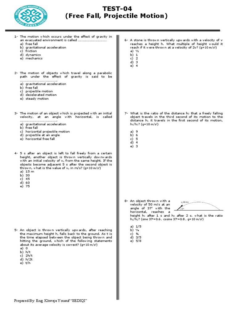 Free Fall and Projectile Motion Test | PDF | Acceleration | Projectiles