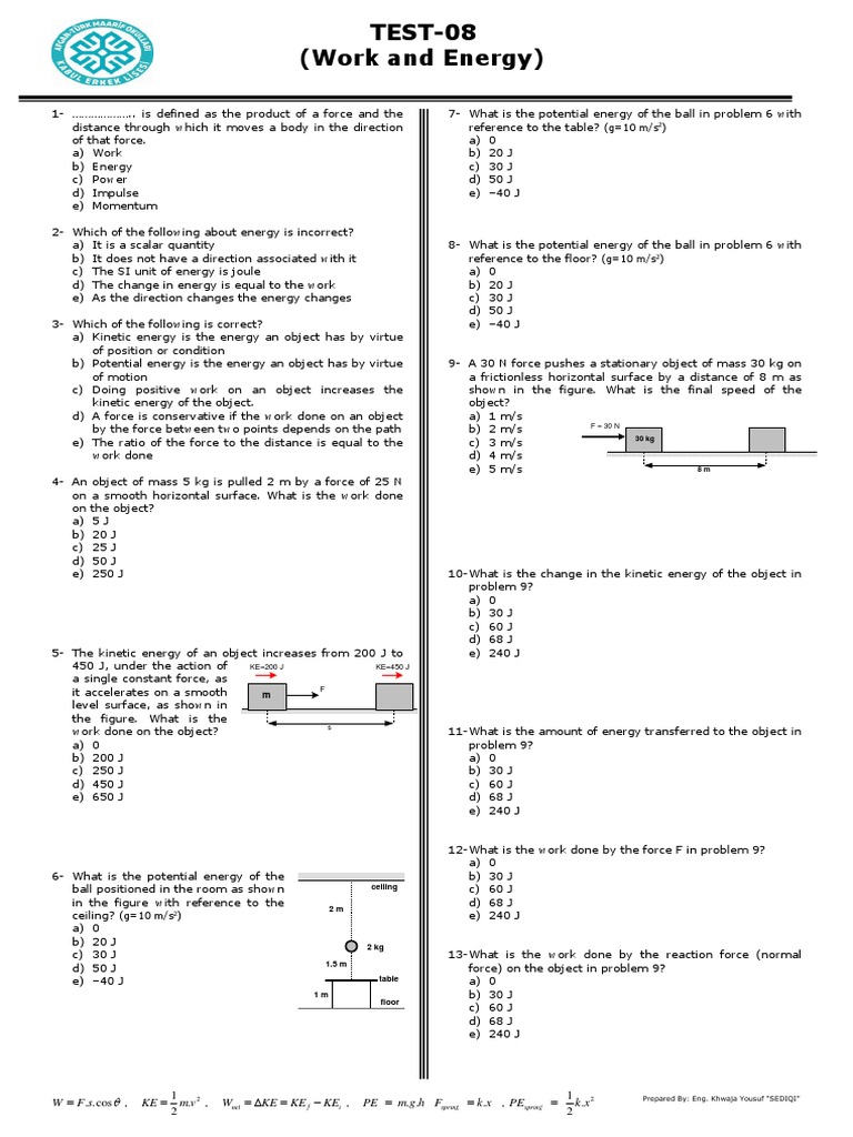 TEST-08 (Work and Energy) | PDF | Potential Energy | Force