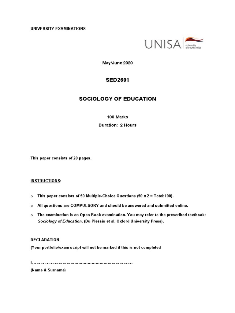 SED2601 June Exam2020 2hours | PDF | Socialization | Human Nature