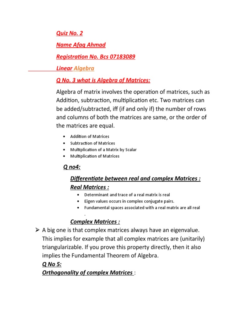Linear Algebra Quiz on Matrices | PDF | Matrix (Mathematics ...