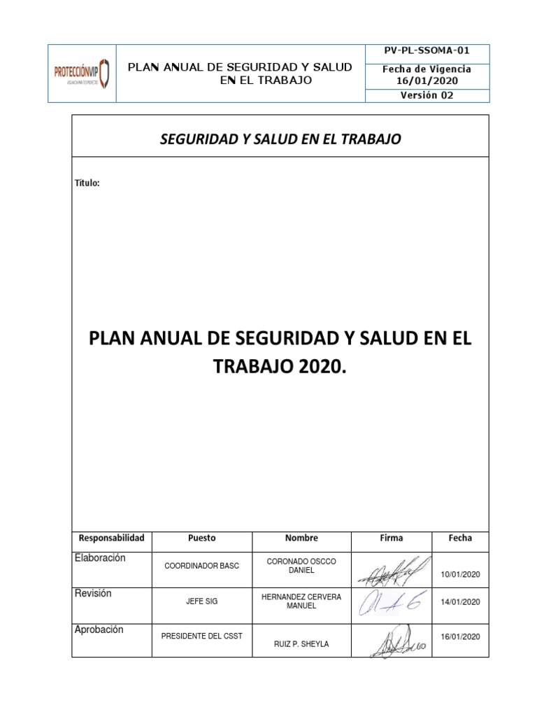 Plan Anual de Seguridad y Salud en El Trabajo 2020 Final | PDF | Seguridad y salud ocupacional ...