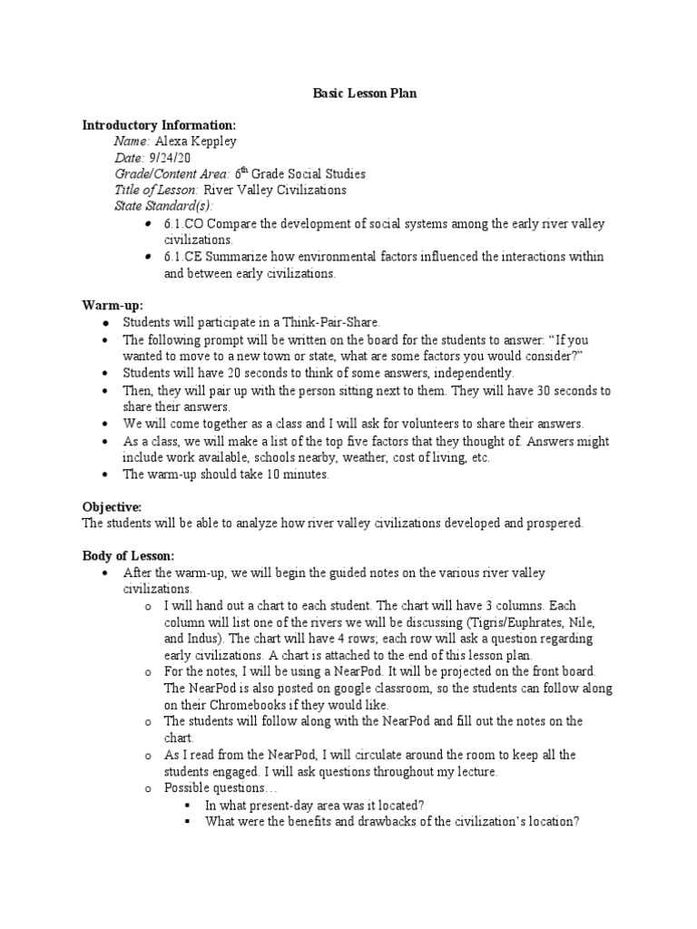 Lesson Plan: River Valley Civilizations | PDF | Water Scarcity | Lesson ...