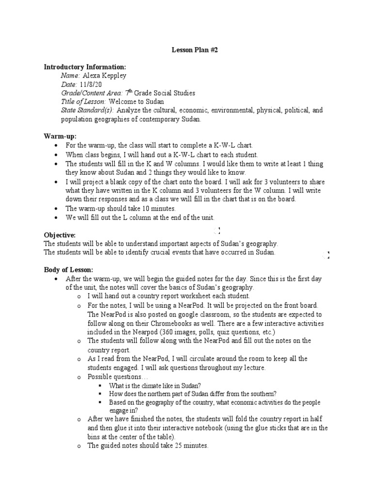 Lesson Plan - Sudan Geography | PDF | Lesson Plan | Human Nature