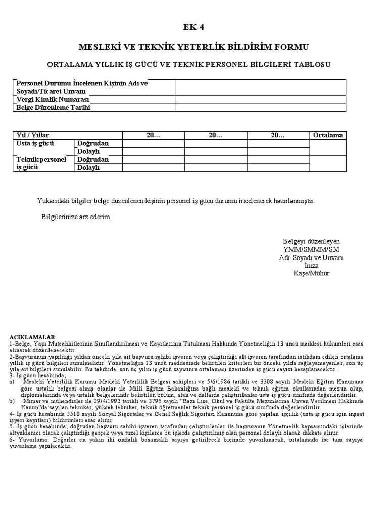 Ek 4 Mesleki Ve Teknik Yeterlik Bildirim Formu - 20190620115717 | PDF