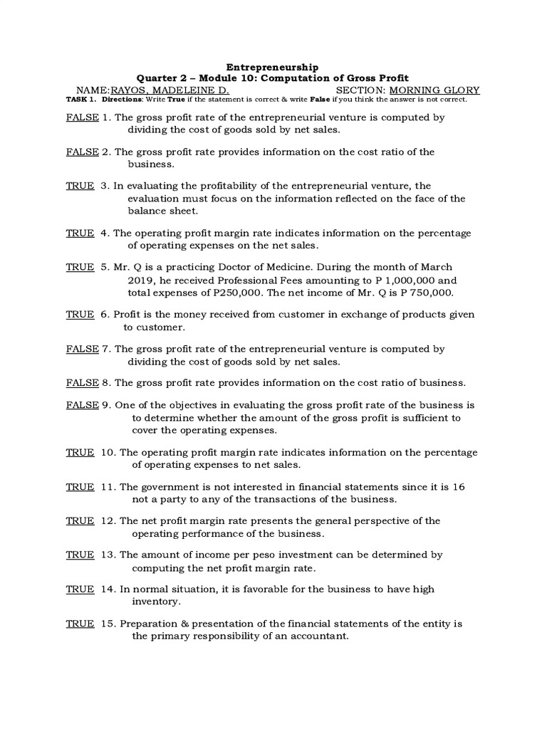 TASK 1. Directions : Write True If The Statement Is Correct & Write False If You Think The ...