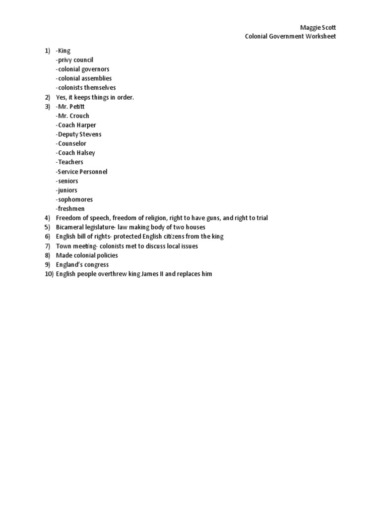 Colonial Government Overview Worksheet | PDF