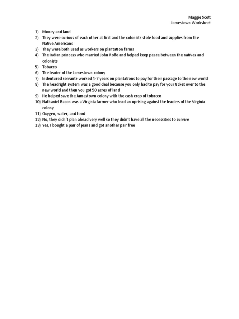 Jamestown Worksheet | PDF