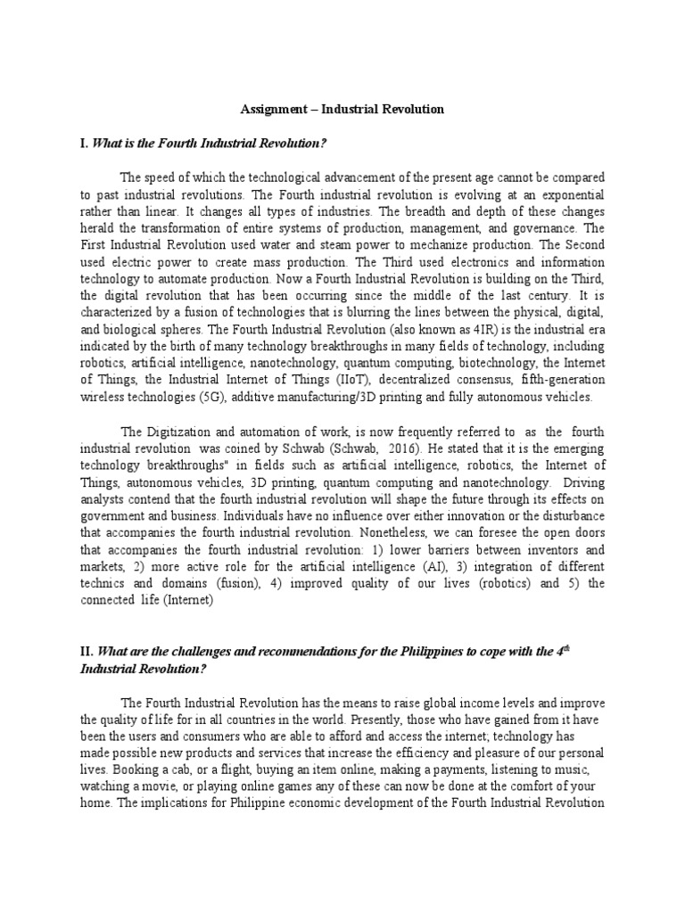Assignment - Industrial Revolution I. What Is The Fourth Industrial ...