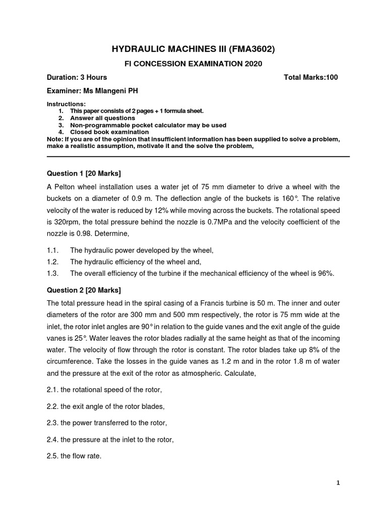 Fma3602 Fi Concession Examination 2020 | PDF | Turbine | Flow Measurement