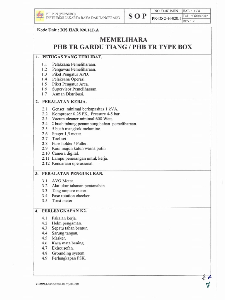 SOP Memelihara PHB TR Gardu Tiang PHB TR Type Box | PDF