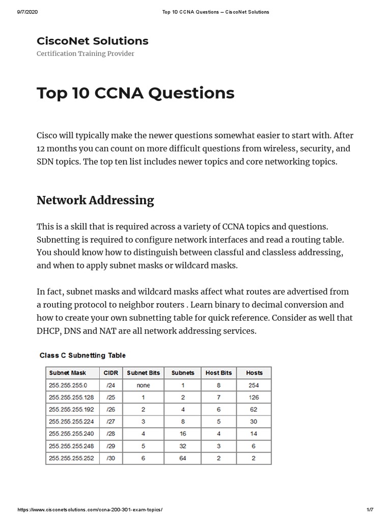 Top 10 CCNA Exam Questions Explained | PDF | Cisco Certifications | Ip ...