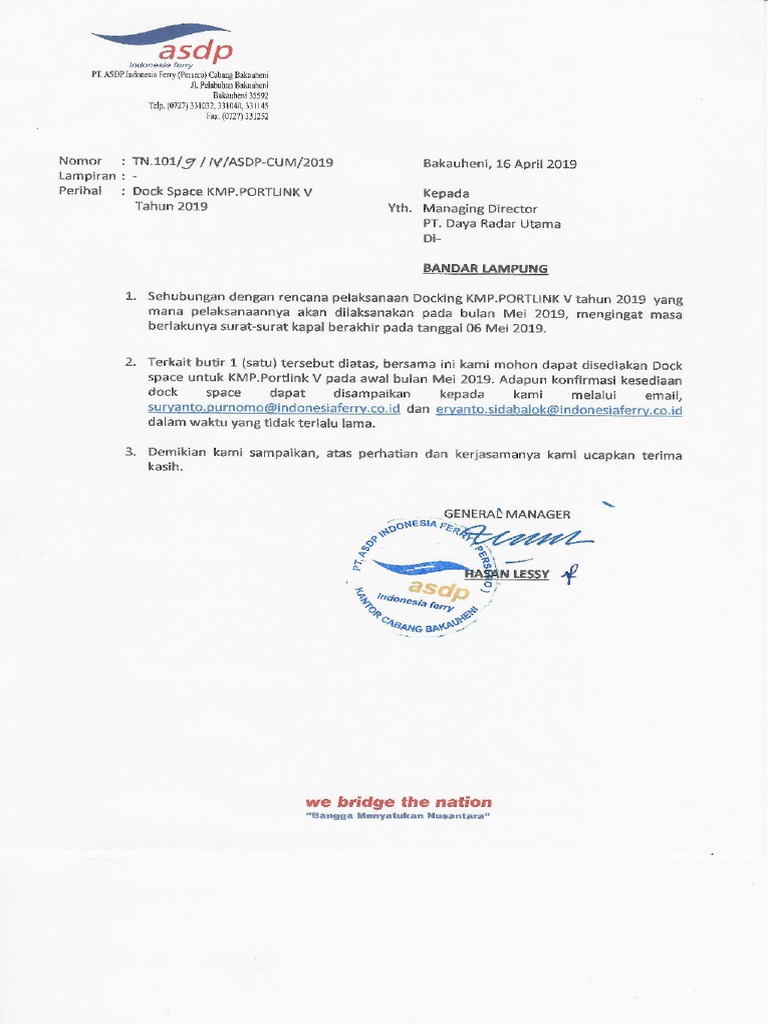 Surat Permohonan Dock Space KMP - Portlink V Tahun 2019 | PDF