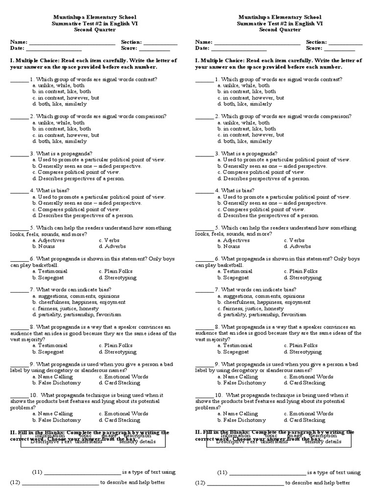 2nd Quarter Summative Test No.2 English | PDF | Adjective | Adverb