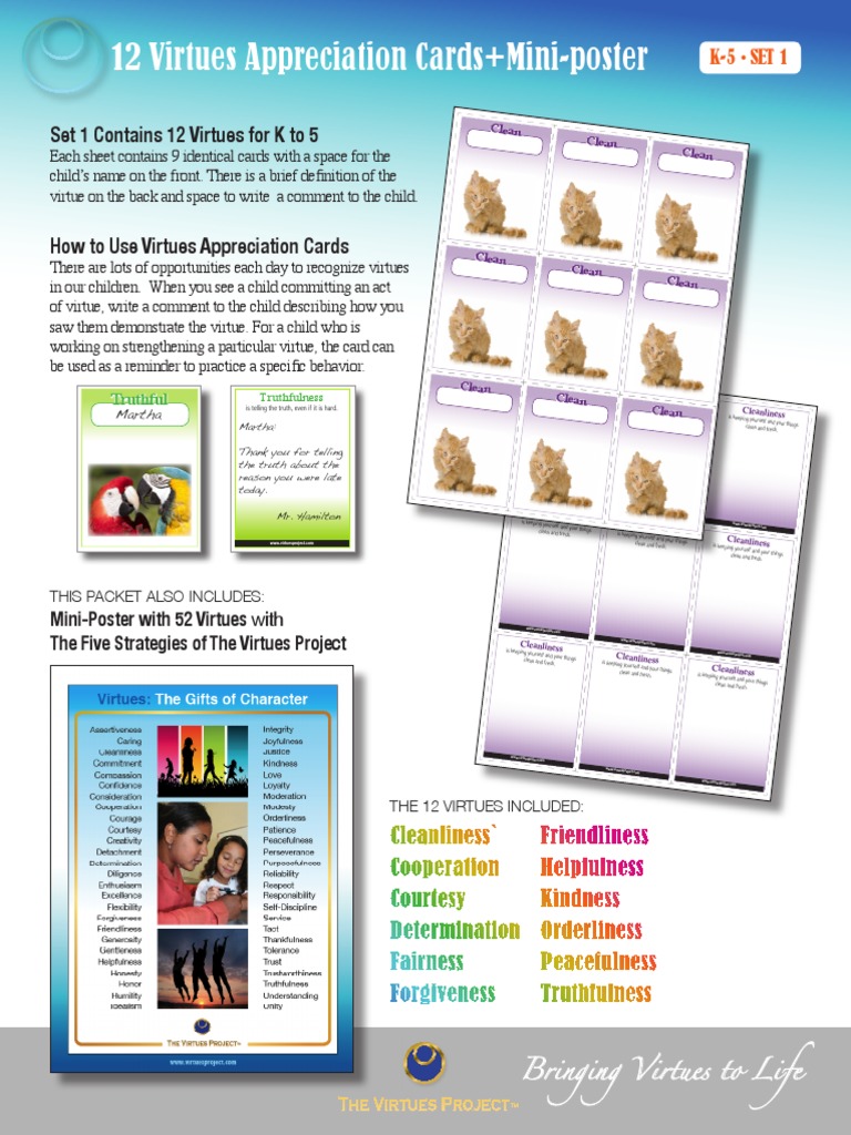 12 Virtues Appreciation Cards+Mini-poster: Set 1 Contains 12 Virtues ...
